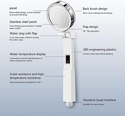 LED Digital Temperature Display High-Pressure Handheld Showerhead Water Temperature Control Water-Saving Filtration for Dry Hair and Skin Hassle-Free Installation (White)
