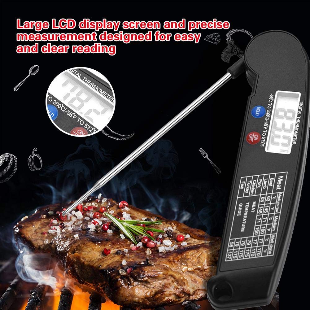 LCD Digital Food Meat Thermometer with Folding Probe Turkey Fish Beef Taste Selectable Kitchen Cooking BBQ Grill Temp Tester(Black)
