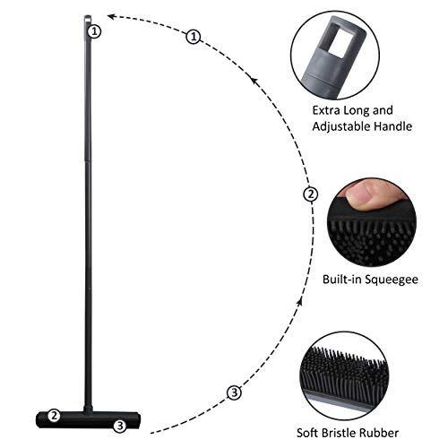 LCF Soft Bristle Rubber Broom and Squeegee with Telescopic Handle Carpet Rake Soft Household Push Broom Removal Pet Human Hair Outdoor Broom Dog Multi Brush Gray