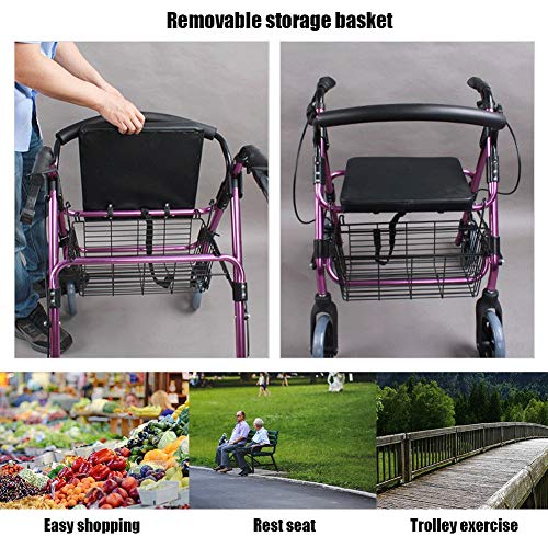 Lightweight Wheel Rollator, Folding Four Wheel Mobility Walker with Padded Seat,Back Support, Mobility Aid Seat Basket, Carry Bag, Black,Can Bear 100kg/220lbs