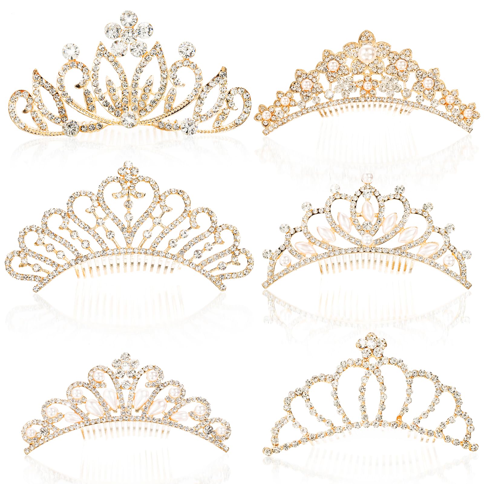 Lyellfe 6 Pack Girls Princess Tiara Crown, Crystal Rhinestone Headbands with Comb, Gold Tiaras and Crowns Hair Accessories for Girls, Birthday Party, Proms, Gifts