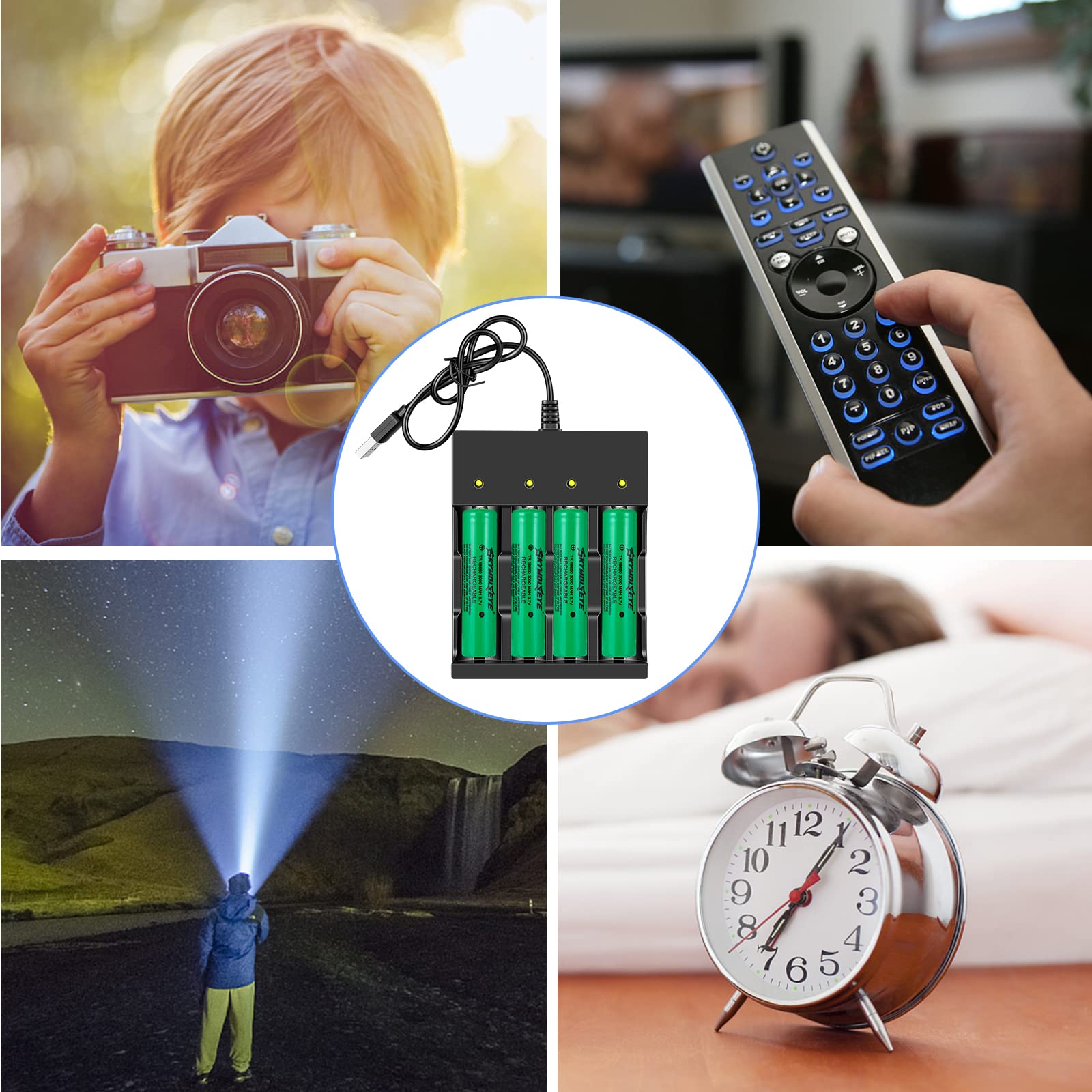 LED Flashlights 4-pcs Rechargeable Battery and Battery Charger 4 Bay Dual Power Flashlight with Clip 5 Modes Water Resistant High Lumen for Hiking Camping Hunting Fishing (Green)