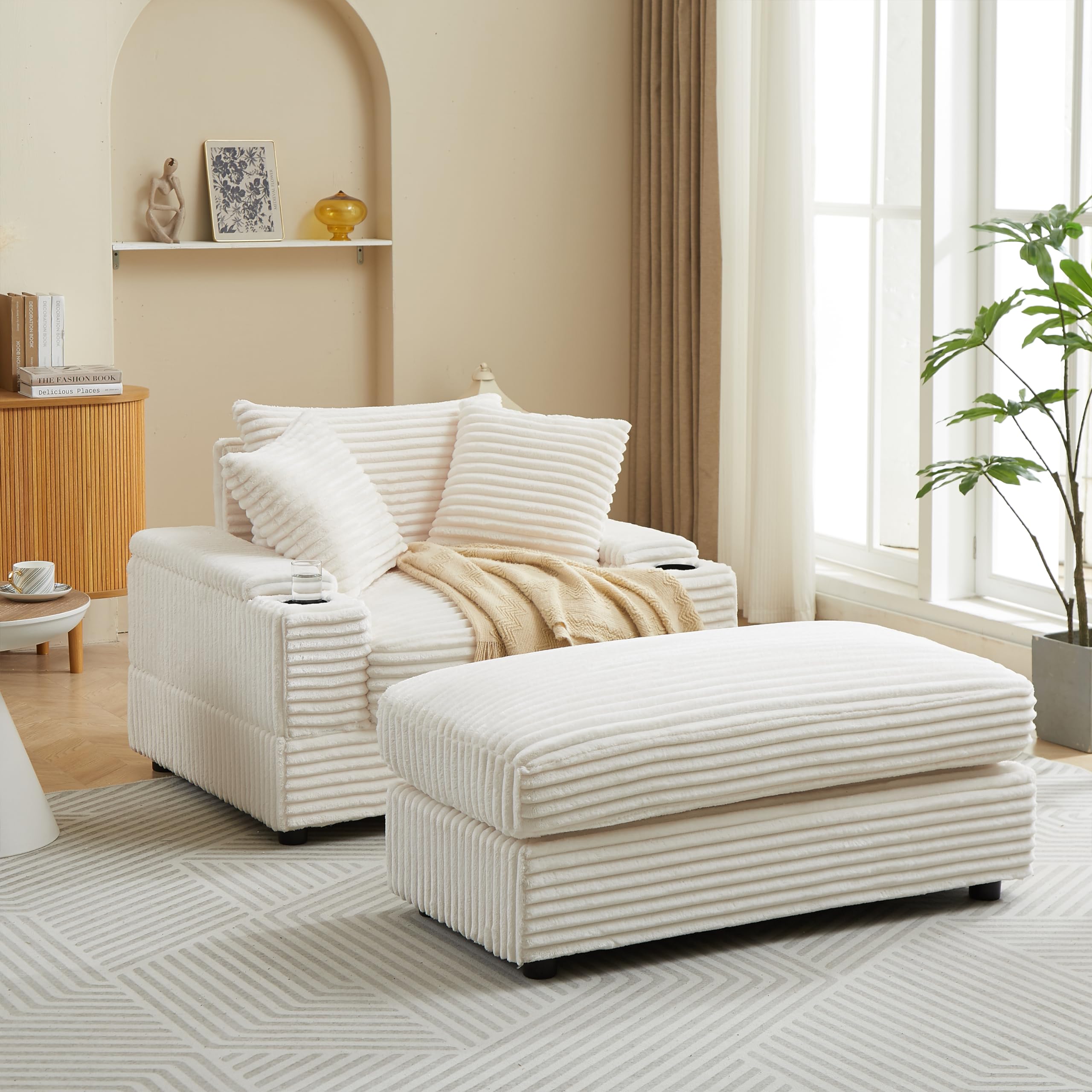 NDPQN 43.3" Corduroy Single Sofa with a Back Pillow, 2 toss Pillows, a Qttoman, 2 storage Spaces & Cup-holding Grooves Comfy Sofa-Deep Seat Couch for Living Room (Beige)