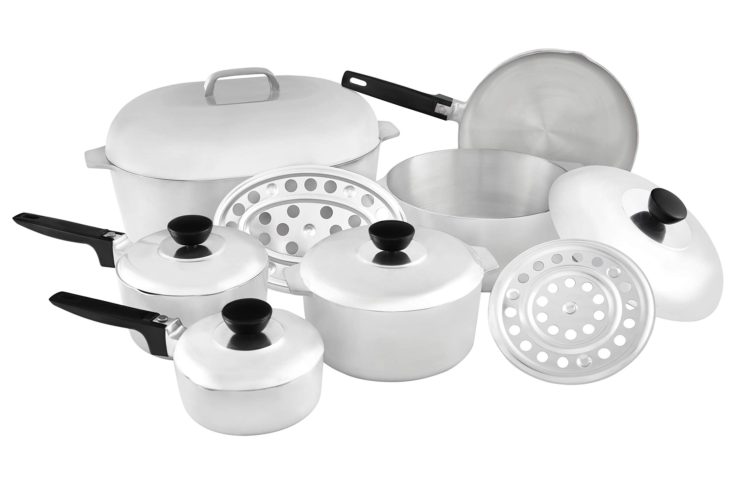 IMUSA USA Heavy Duty 13-Piece Cast Aluminum Cajun Cookware Set, Silver & USA Heavy Duty Cajun Aluminum Stock Pot 14 Quart, Silver