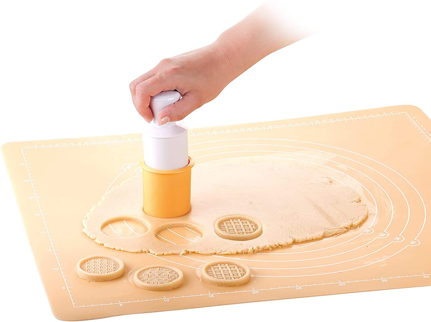 KAISHANE Silicone Cookie Stamps set for baking - Geo Geometric Figure Cookie Stamps with Handle and 6 Silicone Stamps High Heat Resistant to 480°F Yellow Color