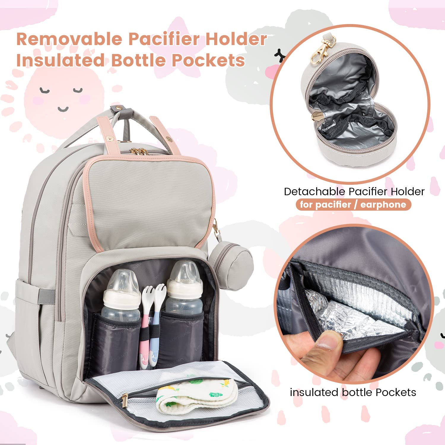 LOVEVOOK Diaper Bag Backpack, Multifunction Baby Bags for Girls, Large Travel Flap Diaper Backpack Nappy Bag with Pacifier Case & Stroller Straps, Diaper Bag with Changing Pad for Baby, Grey Pink