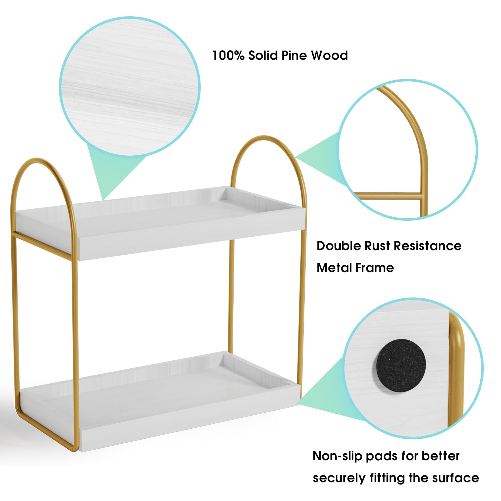 Xeapoms Bathroom Organizer Countertop, 2-Tier Simple Design Bathroom Counter Organizer, Wood Bathroom Tray for Vanity Organizer, Easy Assembly Kitchen Bathroom Countertop Organizer, White-Gold