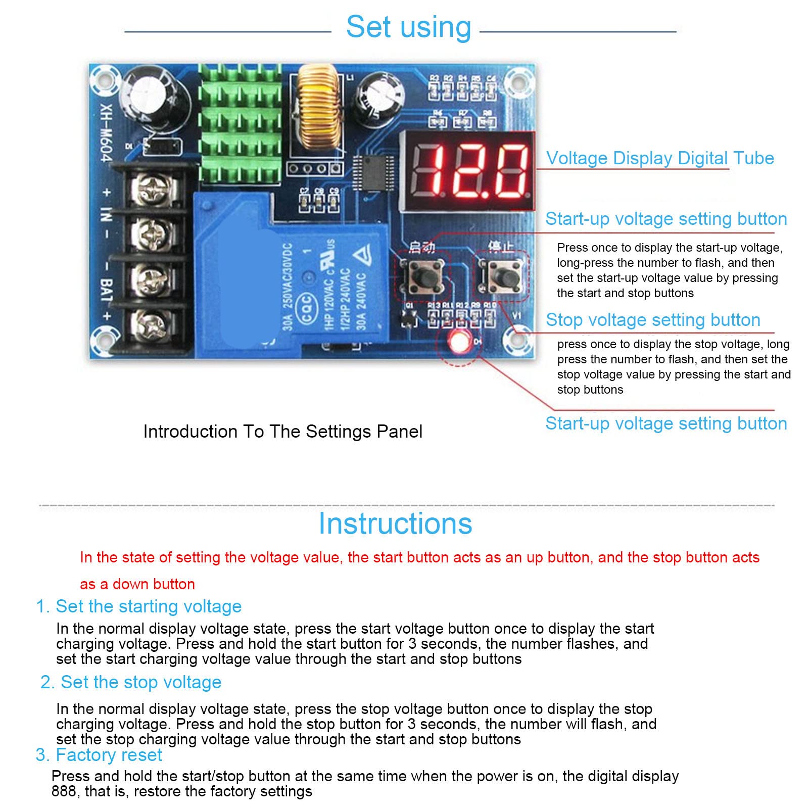 Oumefar XH-M604 Charger Protection Board DC 6-60V Battery Charging Control Module with Digital Display for Home Charger Solar Energy