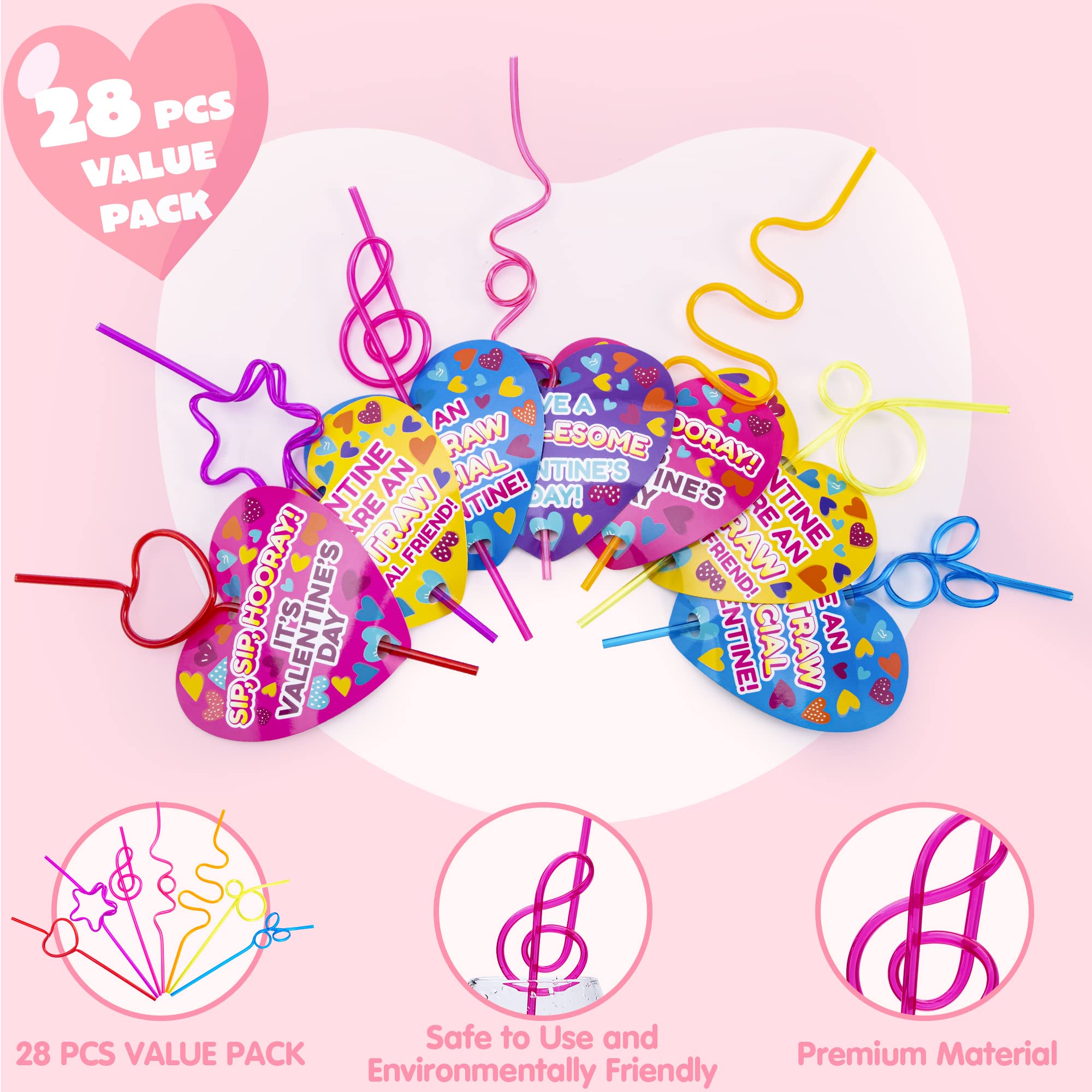 JOYIN 28 Pack Valentines Day Gift Cards with Gift Colorful Crazy Loop Reusable Drinking Straws for Classroom Exchange Prizes, Valentine Party Favors Toy
