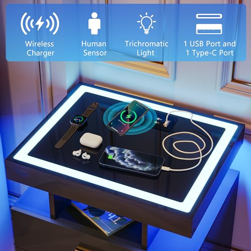 Lvifur 2 Set Nightstands with Wireless Charging Station, Auto Sensor 3 Color Dimmable LED Night Stand, Modern Bedside Table with 3 Drawers & 3 Open Compartments (2 x Black)