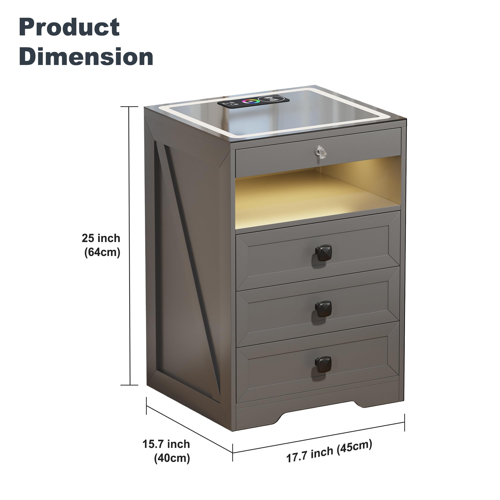 Lvifur RGB Nightstand with Gun Drawer, Glass Top Bedside Table with Wireless Charger Station, LED Night Stand with Human Sensor Design, Modern End Table for Bedroom Living Room (White)