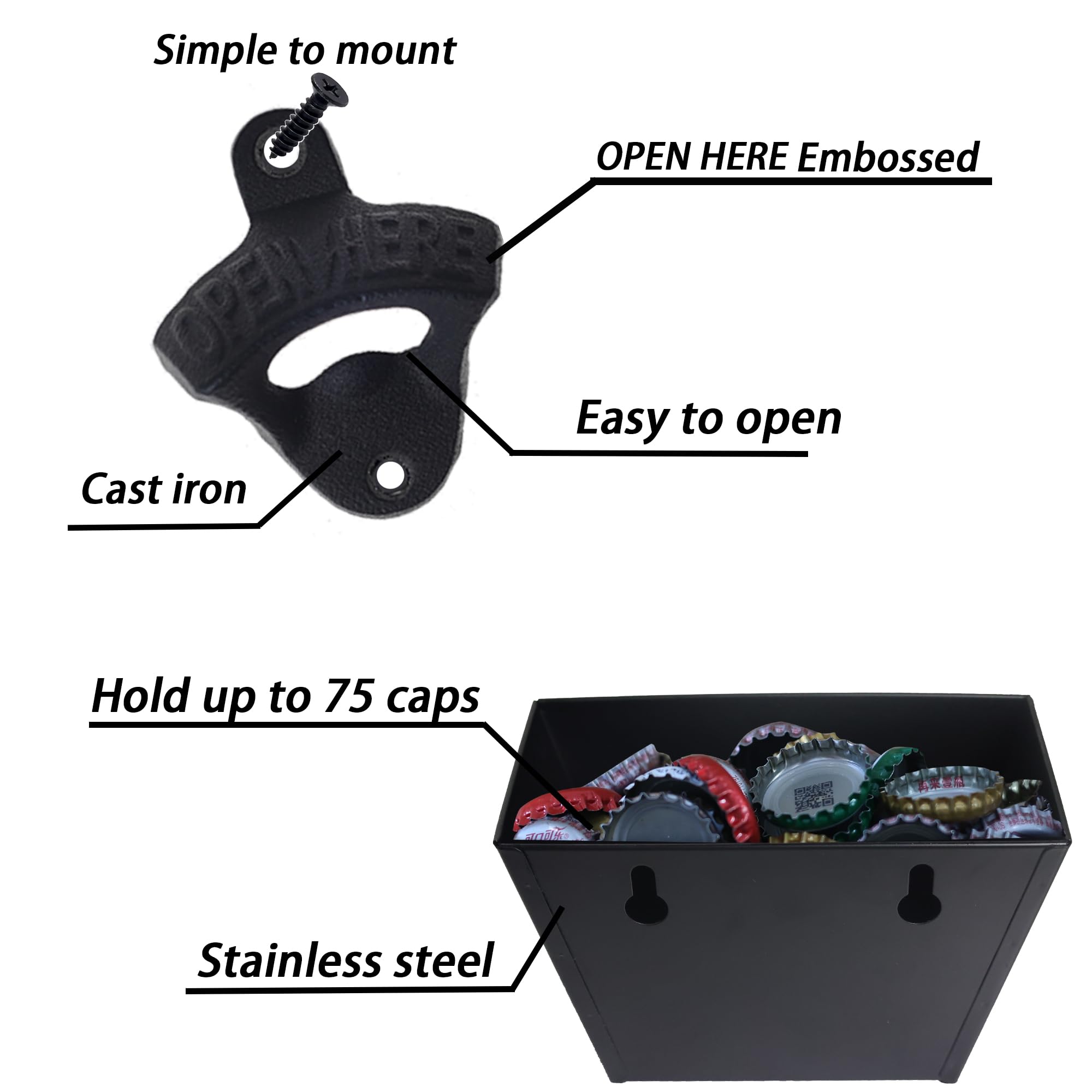 Luwanburg Black Cast Iron Bottle Opener Wall Mounted with Cap Catcher Bundle for Man Cave Garage Bar Gifts