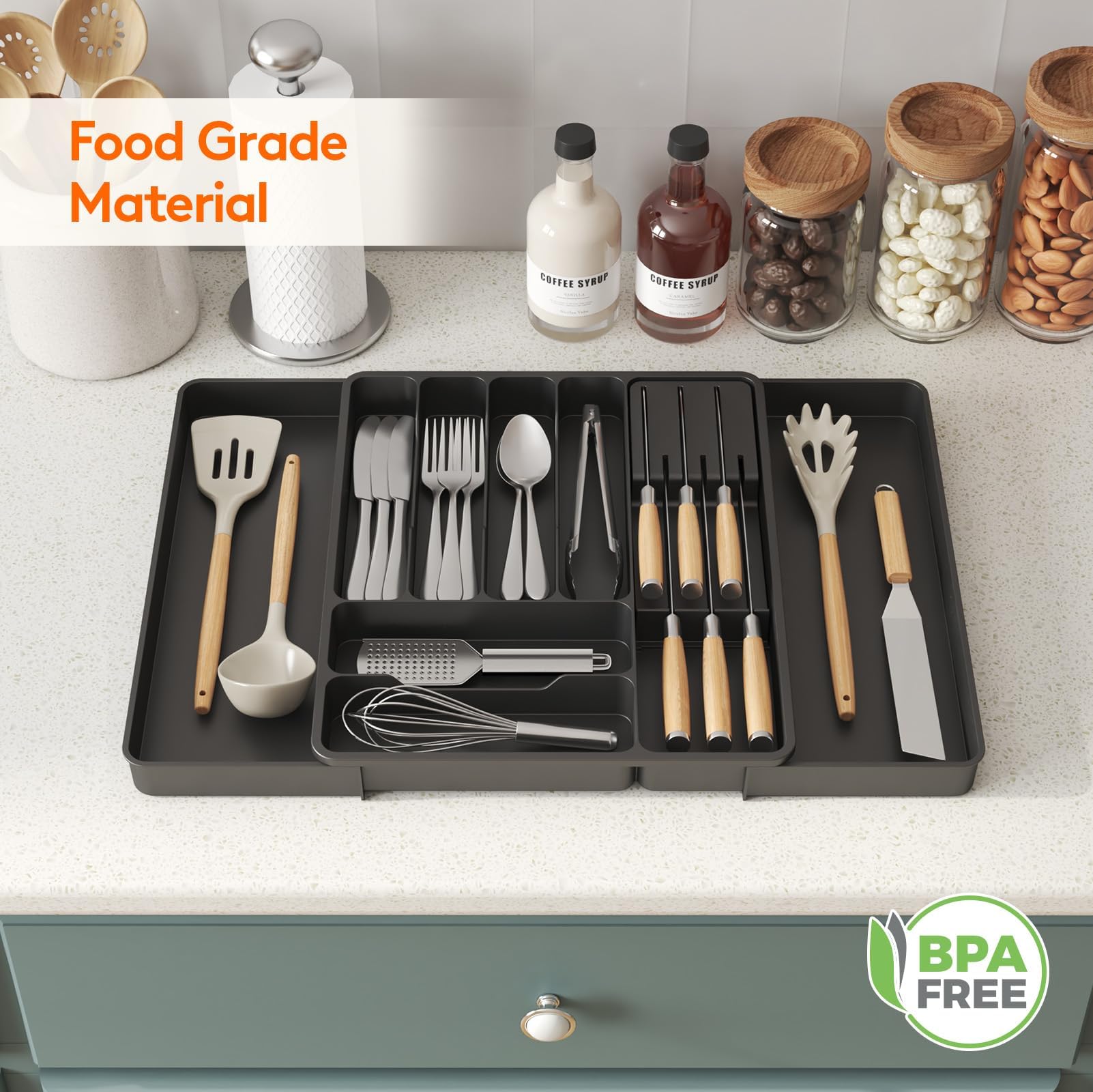 Lifewit Silverware Organizer for Kitchen Drawers, Expandable Utensil Tray with Removable Knife Block, Adjustable Cutlery and Flatware Holder, Plastic Spoon Forks Holder Storage Divider, Large, Black