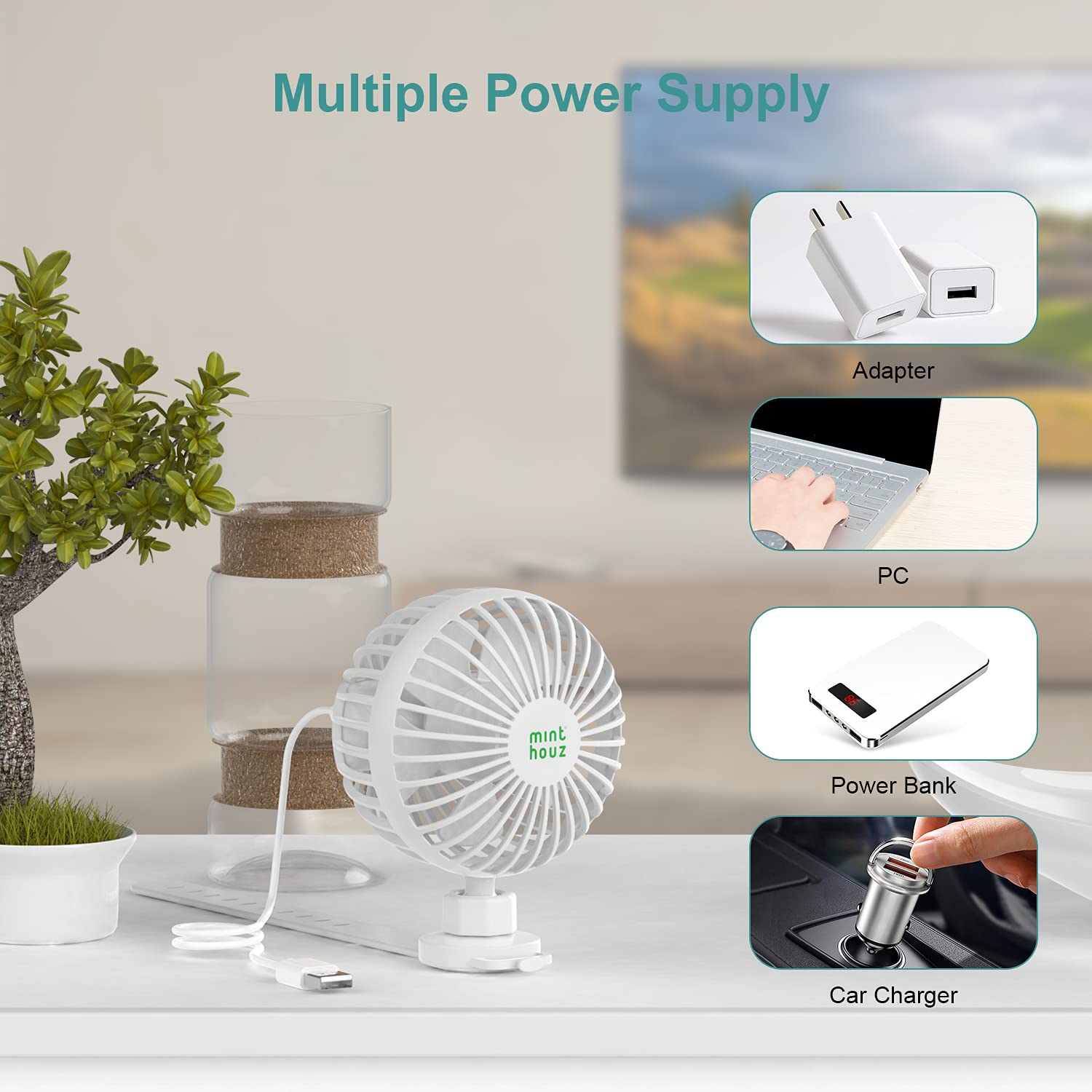 Minthouz Portable Stroller Fan, Rechargeable Small Fan with Flexible Strap, 3 Speeds Personal Fan USB Mini Cooling Fan for Stroller, Car Seat, Bike,Travel, Camping, and Bedroom
