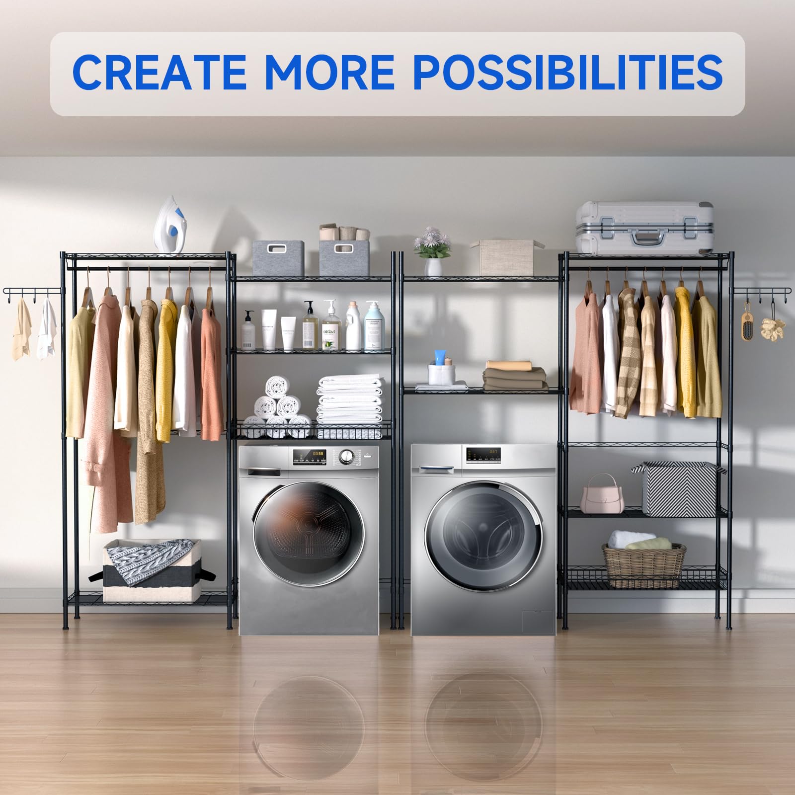 Over the Washer and Dryer Storage Shelf, Height Adjustable Laundry Room Organization Shelf, Clothes Drying Rack for Laundry Room Organization and Storage with Wire Basket, Hanging Rods and Side Hooks