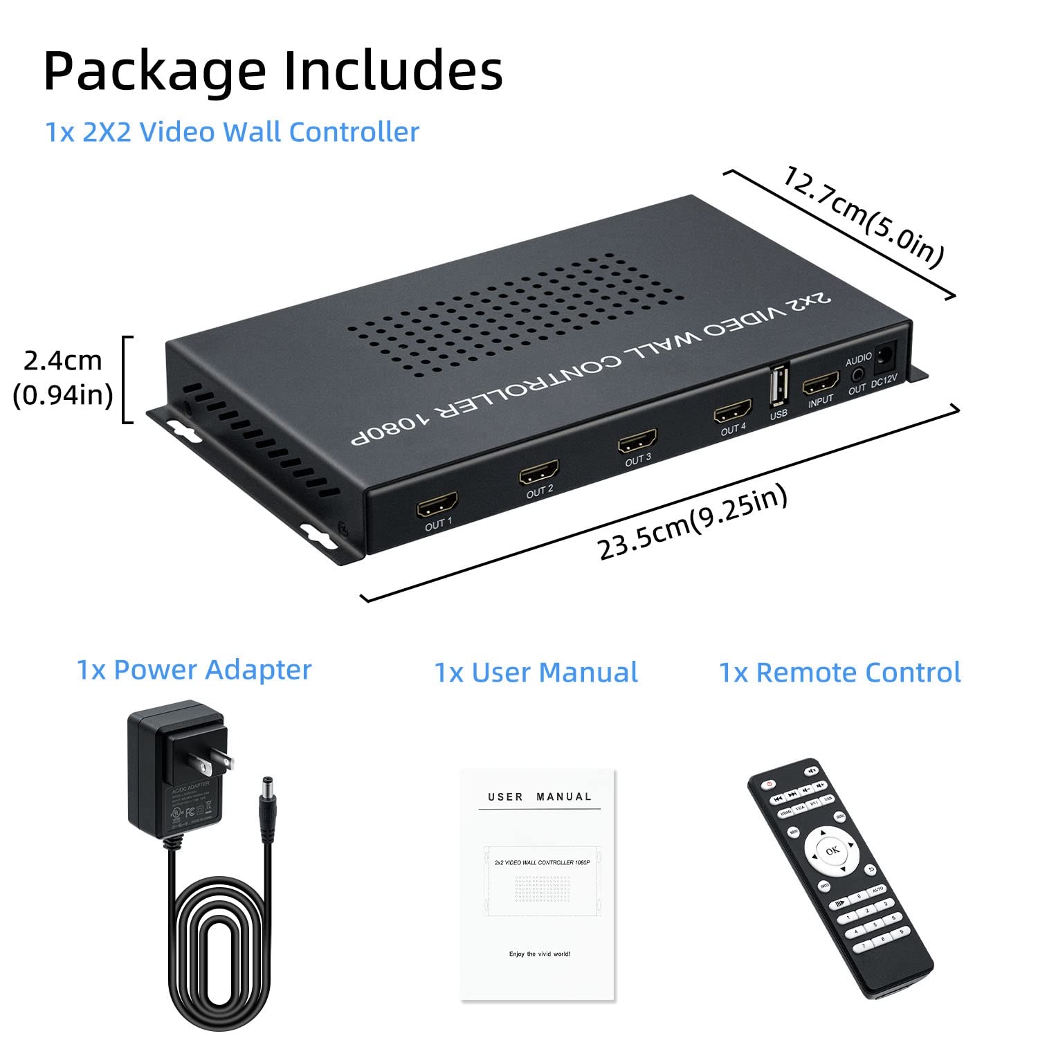 Mcbazel HDMI Video Wall Controller 2x2, HDMI Video Image Processor 1080P@60HZ Screen Splicing Support 8 Display Modes - 4x1, 3x1, 2x1, 2x2, 1x4, 1x3, 1x2, 1x1