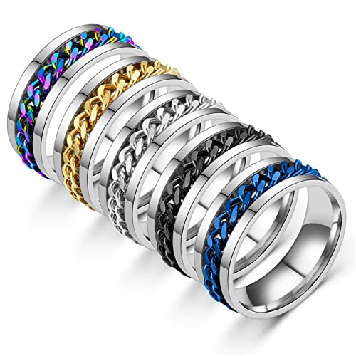 Hibijou Stainless Steel Spinner Ring for Men Women Chain Rings Biker Grooved Edge Fidget Bands with Chain Fidget Ring for Anxiety Relieving