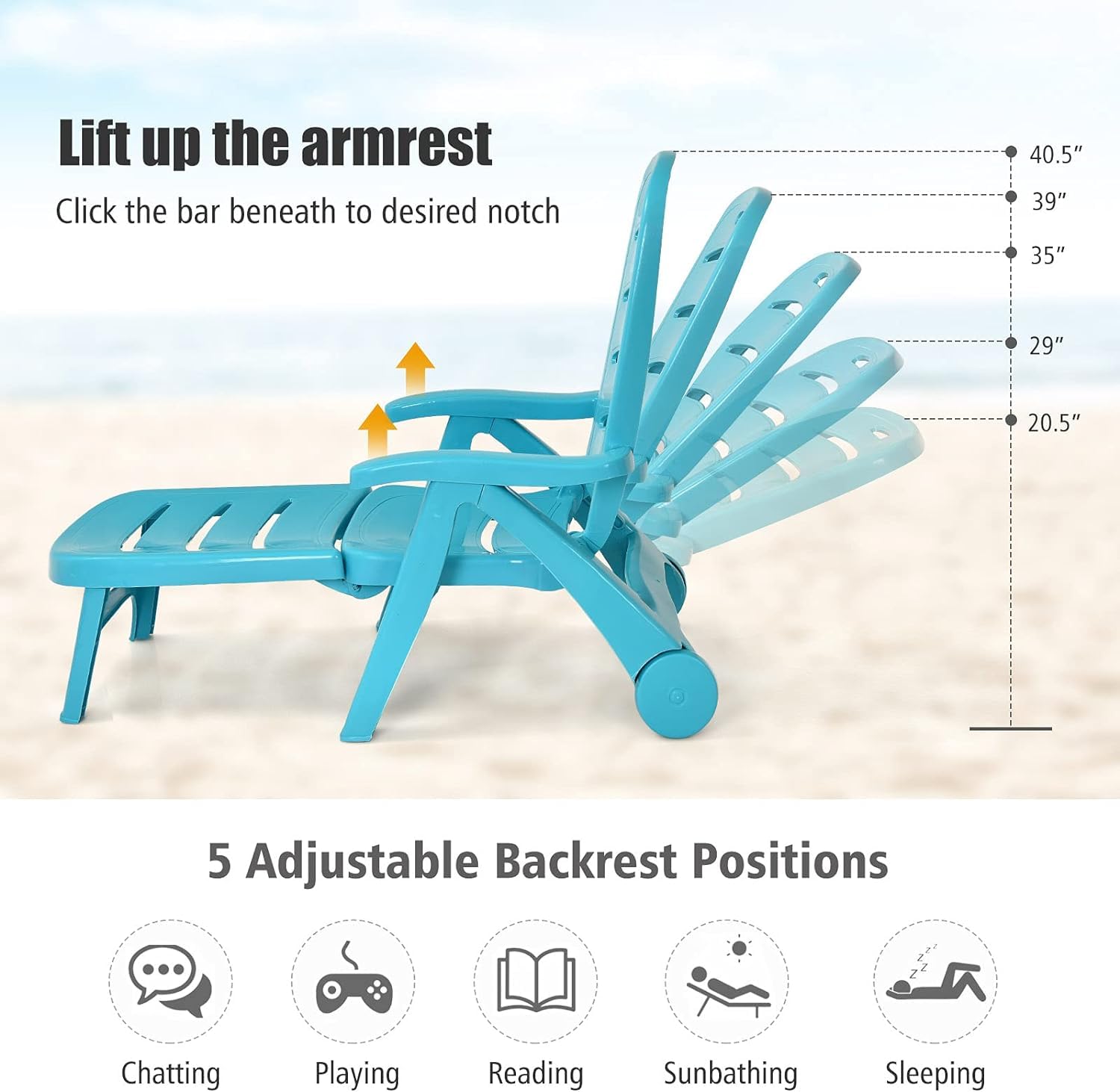 Moccha Plastic Folding Lounge Chair, 5-Position Adjustable Chaise Lounge with 2 Rolling Wheels, Armrest, Outdoor Chaise Chair for Patio, Beach, Backyard, Poolside, Home (1, Turquoise)