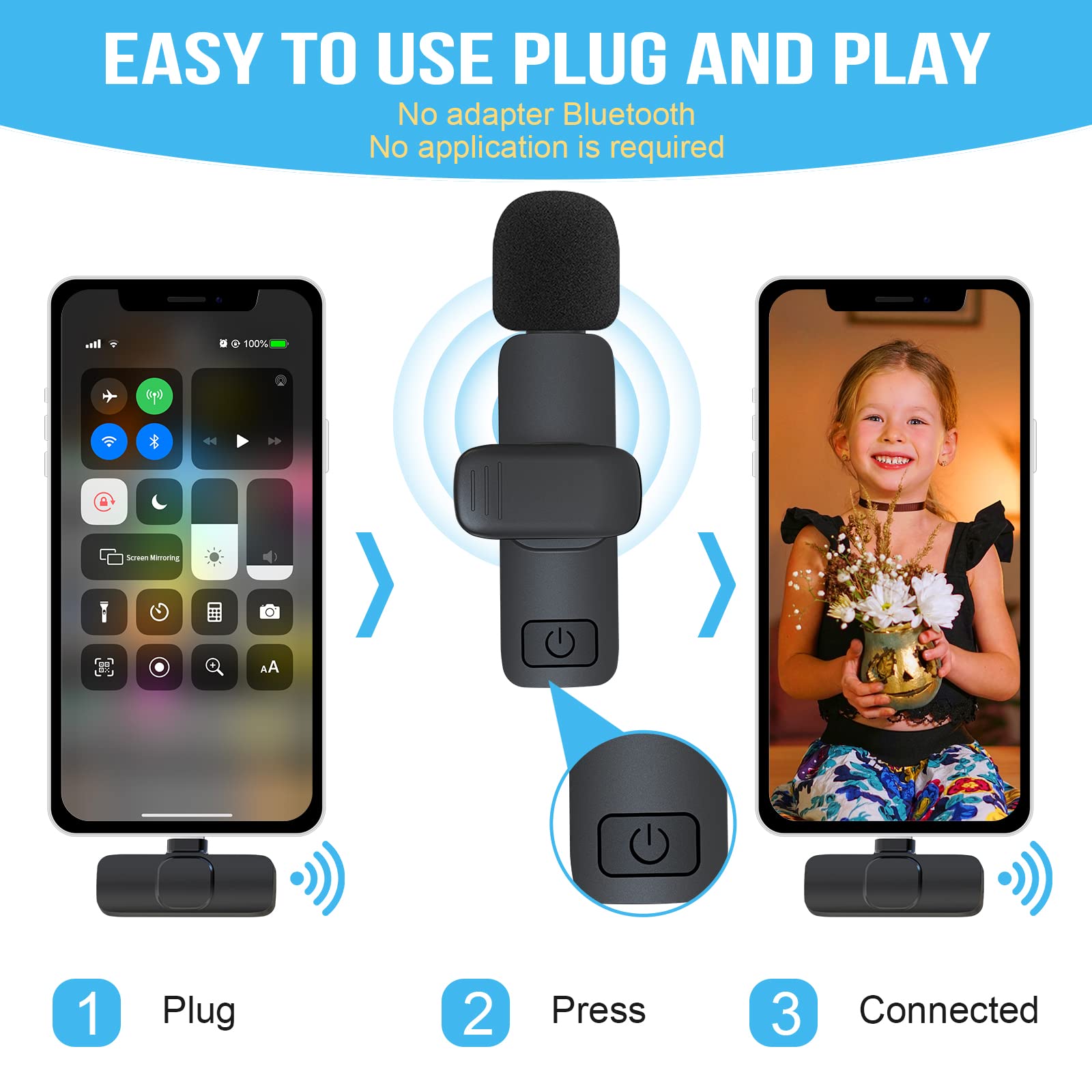 Mceriby Professional Wireless Lapel Microphones for iPhone iPad, Wireless Lavalier Microphone for Recording, Interview, Live Streaming, Singing, Vlog, TikTok, YouTube, Podcast