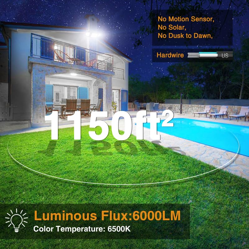 Onforu 60W Flood Lights Outdoor, 6000LM Super Bright Security Lights Switch Controlled, 3 Adjustable Heads, IP65 Waterproof, 6500K Wall Mount Exterior LED Flood Light