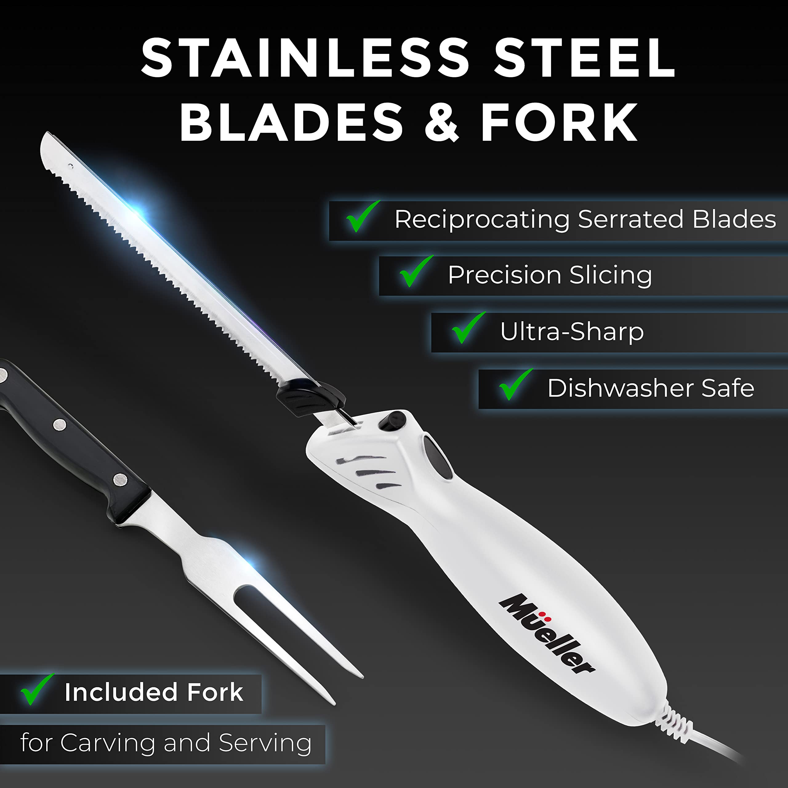 Mueller Ultra-Carver Electric Knife for Carving Meats, Poultry, Bread, Crafting Foam. Stainless Steel Blades, Powerful Motor, Ergonomic Handle, One-Touch On/Off Button, Serving Fork Included, White