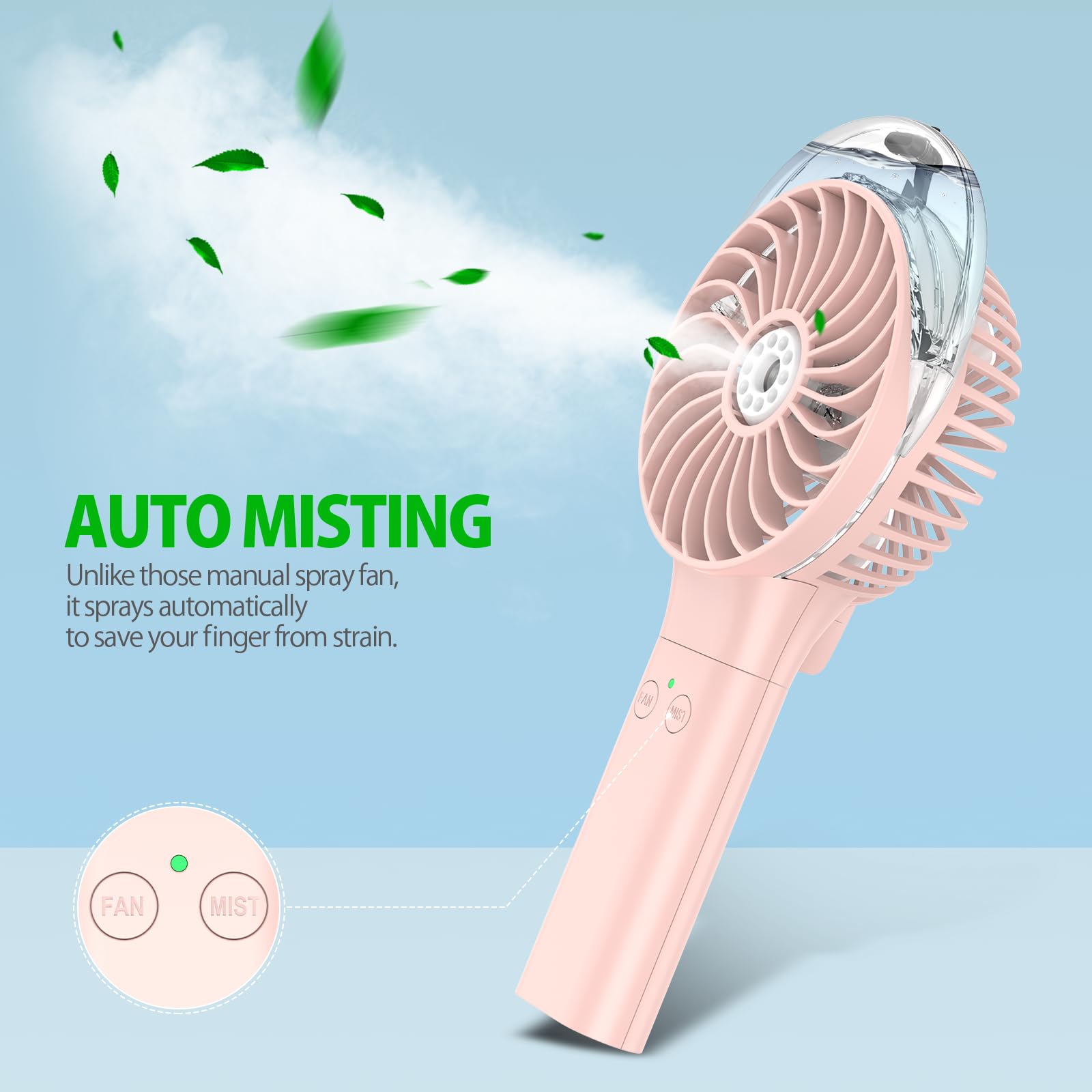 MORECORE Portable Handheld Misting Fan, Battery Operated Personal Spray Water Mist Fan, Rechargeable Mister Fan, Mini Foldable Fan for Disney Travel Makeup Beach Outdoors (Pink)