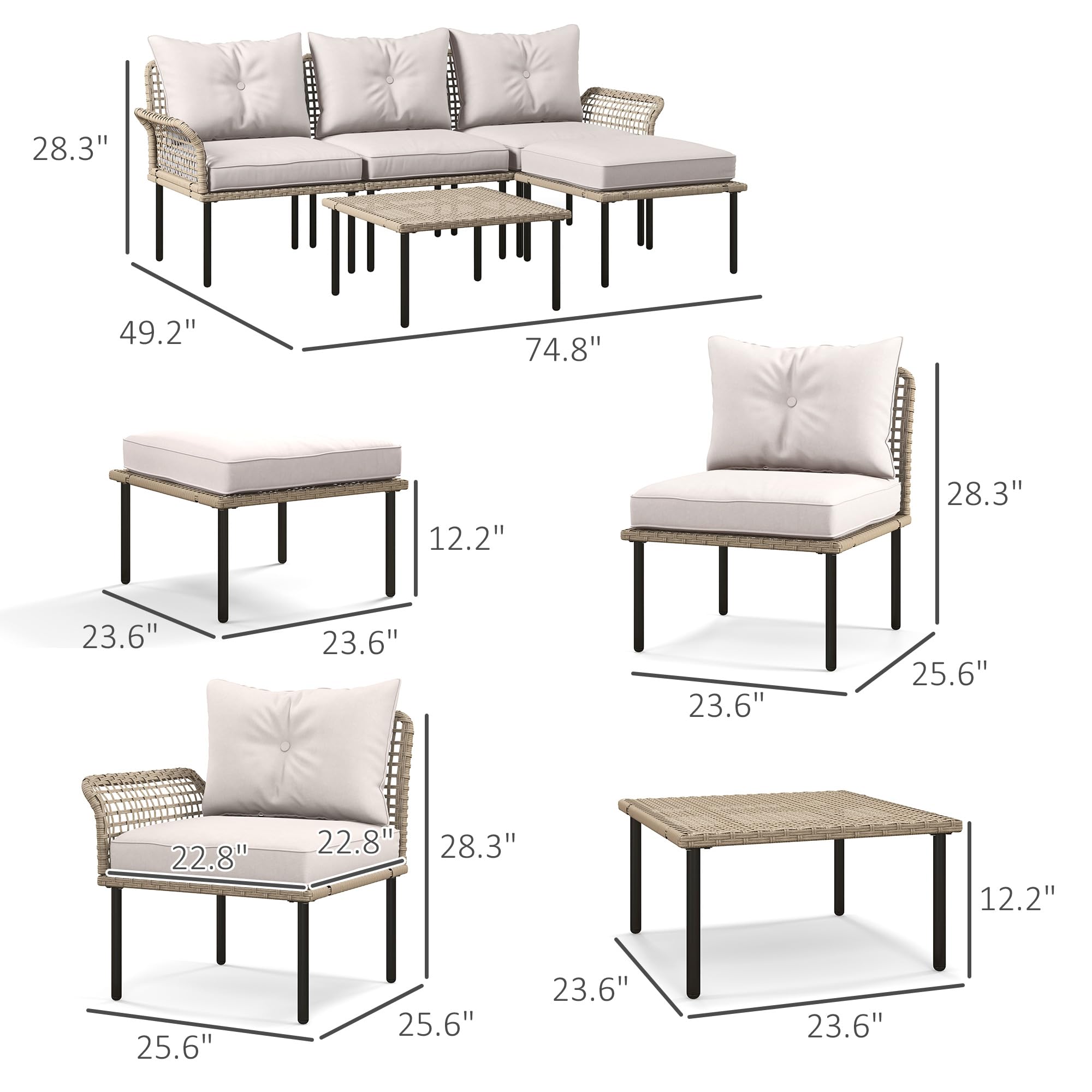 Outsunny 5 Piece Patio Furniture Set, Outdoor Conversation Set with L-Shaped Sofa, Cushions, for Backyard, Lawn and Pool, Cream White