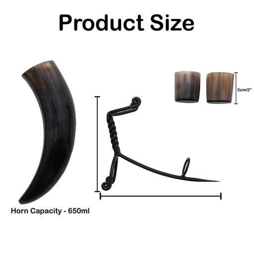 Mythrojan Drinking Horn Authentic Medieval Inspired Viking Wine/Mead Mug 650ml Bundle with Hand Forged Drinking Ale Horn Rack Twisted & Viking Norse Medieval Horn Shot Glass Pair