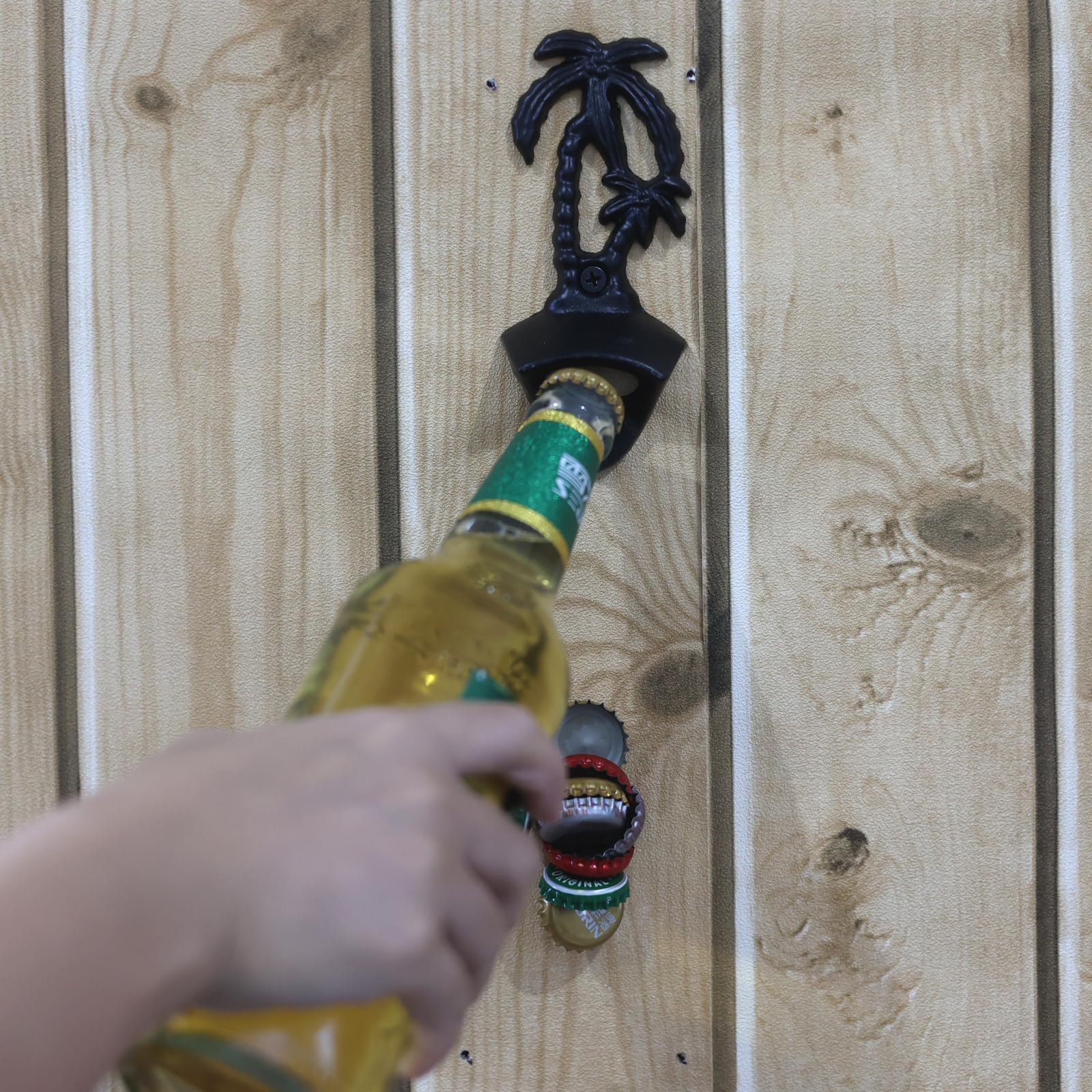 Luwanburg Palm Tree Cast Iron Beer Bottle Opener Wall Mounted with Magnetic Cap Catcher (Black)