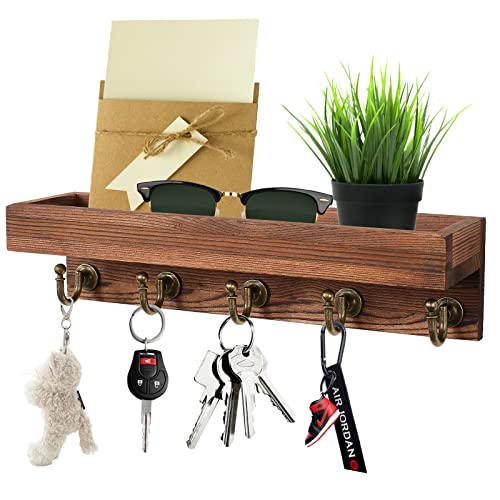 Maloun Mail and Key Holder for Wall Decorative, Wooden Wall Key Rack Organizer with 5pcs Key Hooks, Wall Mount Key Hanger for Rustic Home Decorative, The Key Mail Organizer