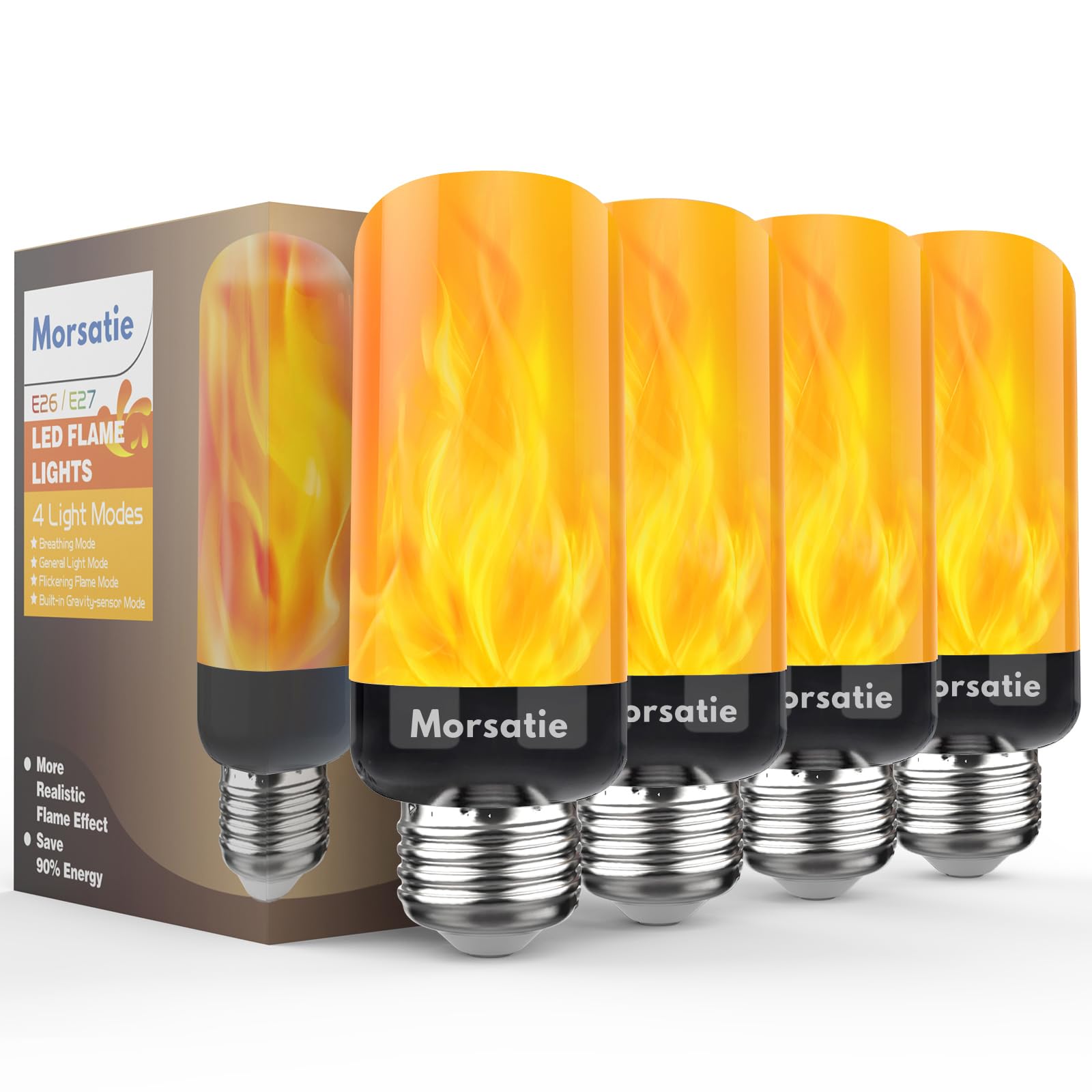 Morsatie 【Upgraded】 LED Flame Light Bulbs, 4 Modes Flickering Light Bulbs with Gravity Sensor, E26 Fire Light Bulb for Halloween, Christmas, Party, Porch, Patio, Indoor Outdoor Decoration-4 Pack