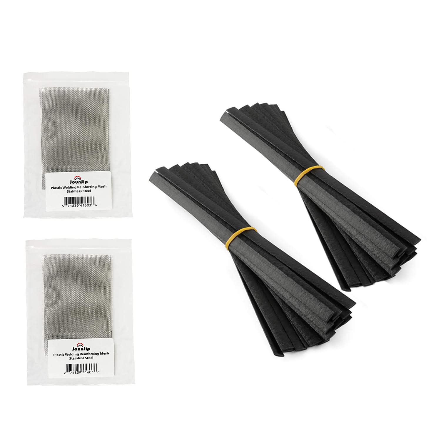 JOUNJIP PolyPlaz Welding Rods + Wire Mesh - Includes a 40-Pack of Black PolyPlaz Flat Ribbon Welding Rods and a 2-Pack of Reinforcing Stainless Steel Mesh - For Use With Jounjip Plastic Welding Kit