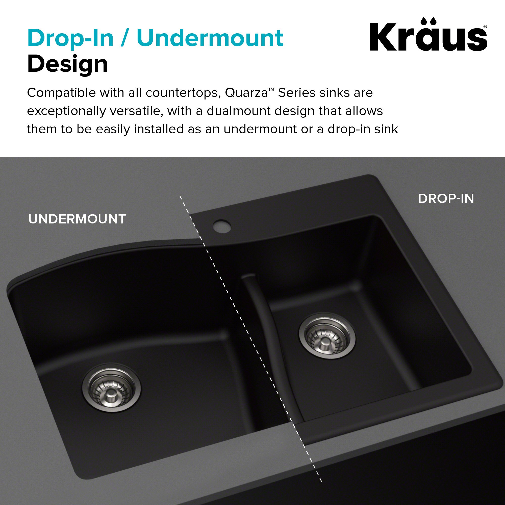 KRAUS KGD-442 Quarza 33-inch 33β Dual Mount 60/40 Double Bowl Granite Kitchen Sink in Black
