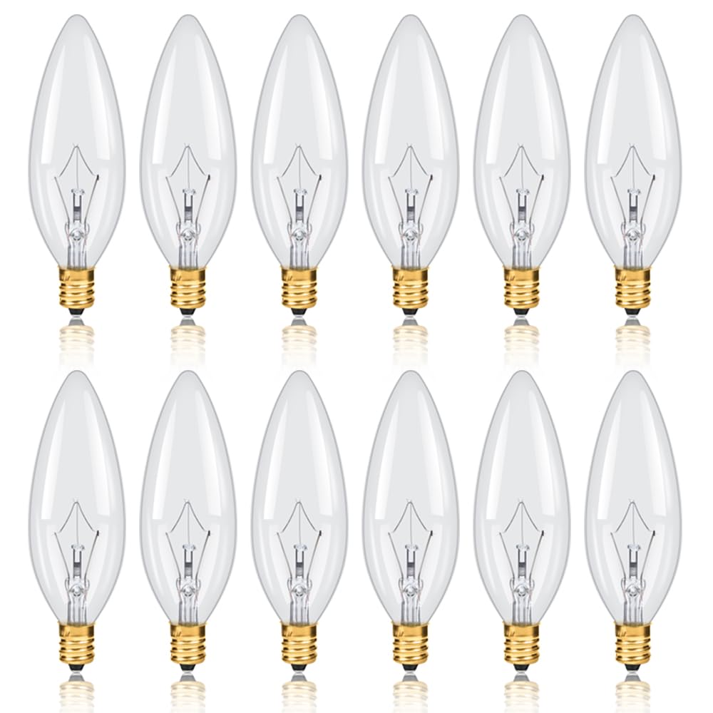 NETEHA 12 Pack Candelabra Torpedo 25W E12 Base 120V Decorative Vintage Light Bulbs, 2700K Warm White Dimmable Edison Candle Bulbs for Chandeliers, Ceiling Fan Lights and Pendants
