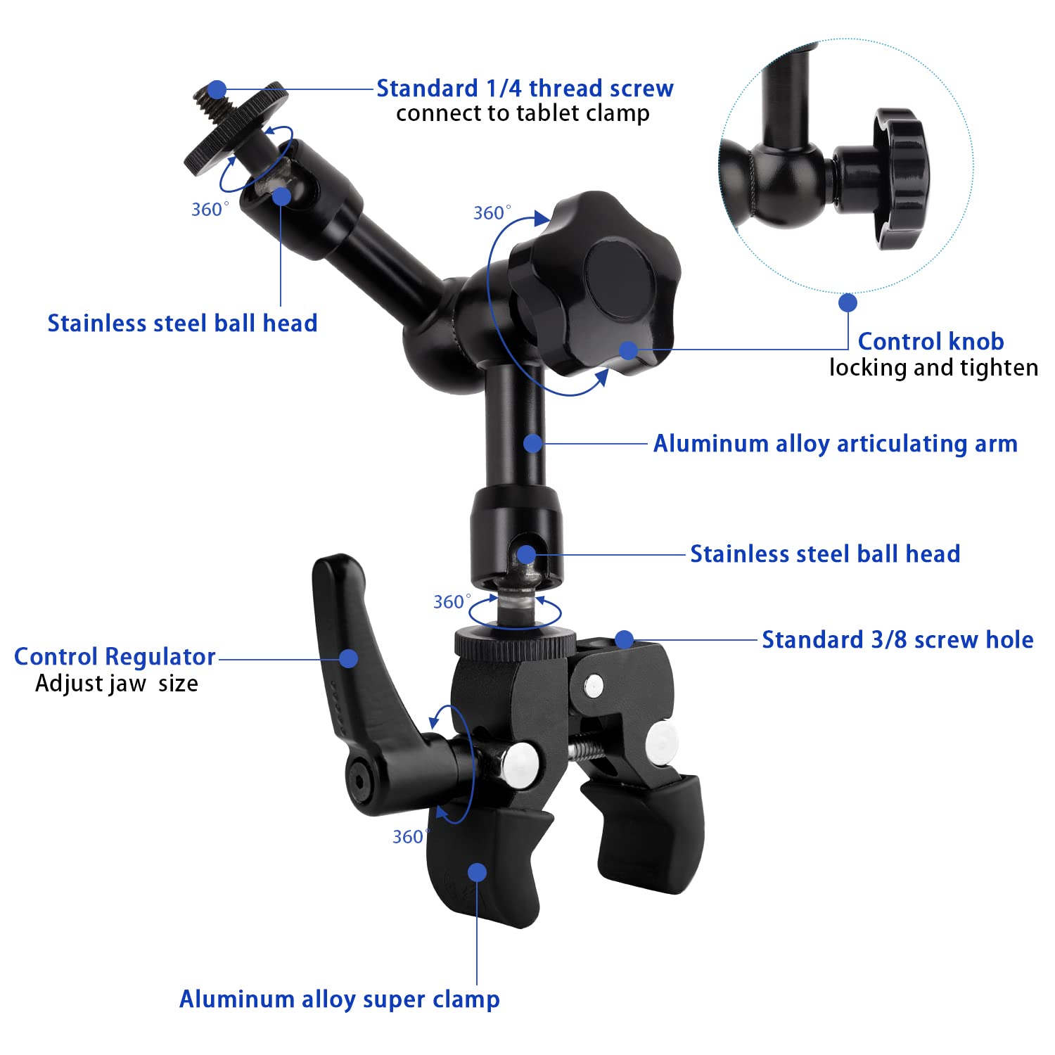 Mippko Tablet Holder for Microphone Stand and Mic Music Stand, 360° Swivel Tilt Aluminum Alloy Mount, Adjustable Clamp Fits 4.7~12.9" iPad/Nexus/LG G Pads/e-Reader/iPhone