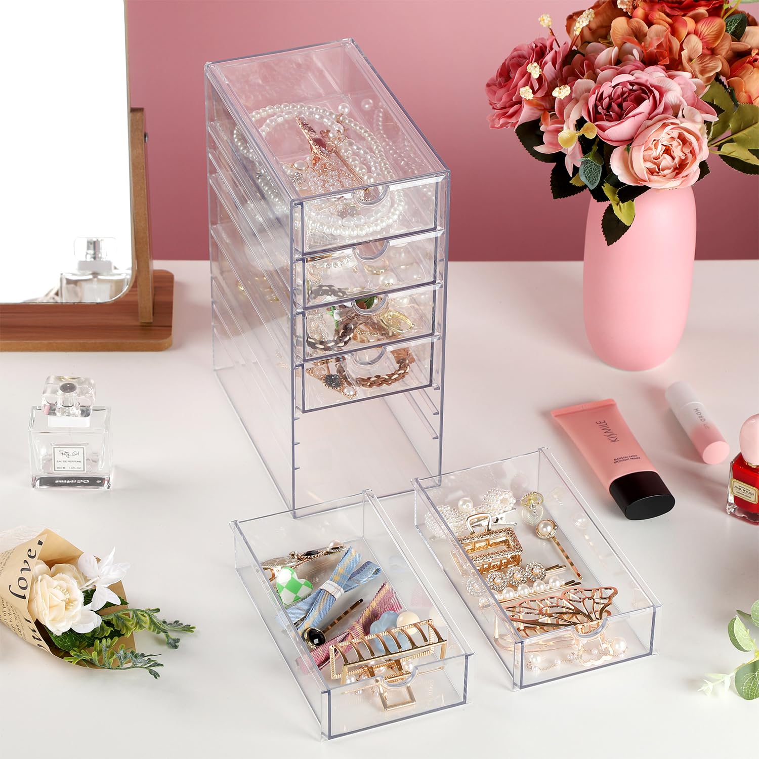 RAMFIYN Clear Stackable Beauty Box Storage 6 Drawer, Desk Narrow Acrylic Storage Drawers, Slim Storage Drawers Jewelry Organizer for Vanity, Bathroom, Bedroom, Office