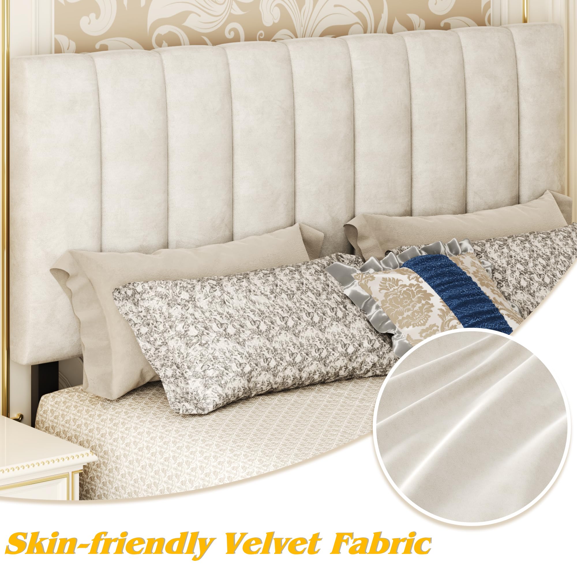 Lifezone Queen Bed Frame, Queen Bed Frame with Headboard & 4 Storage Drawers, Velvet Upholstered Headboard, No Box Spring Needed/Easy Assembly, Beige