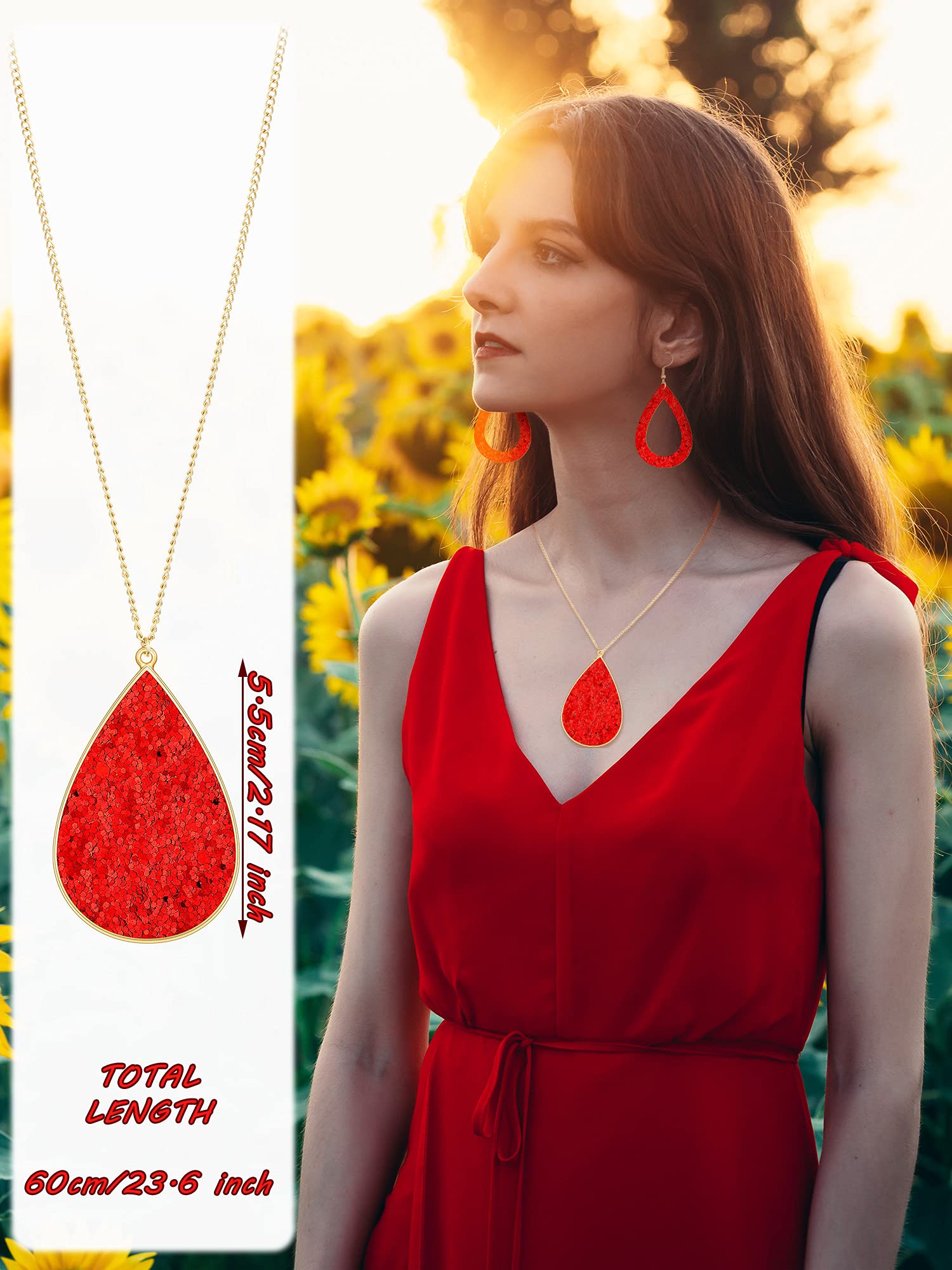 Hicarer Women's Glitter Jewelry Set, Include 2 Pieces Bridal Wedding Multi-Layer Bracelet 3 Pair Faux Leather Dangle Earrings 1 Piece Necklace for Women (Red)