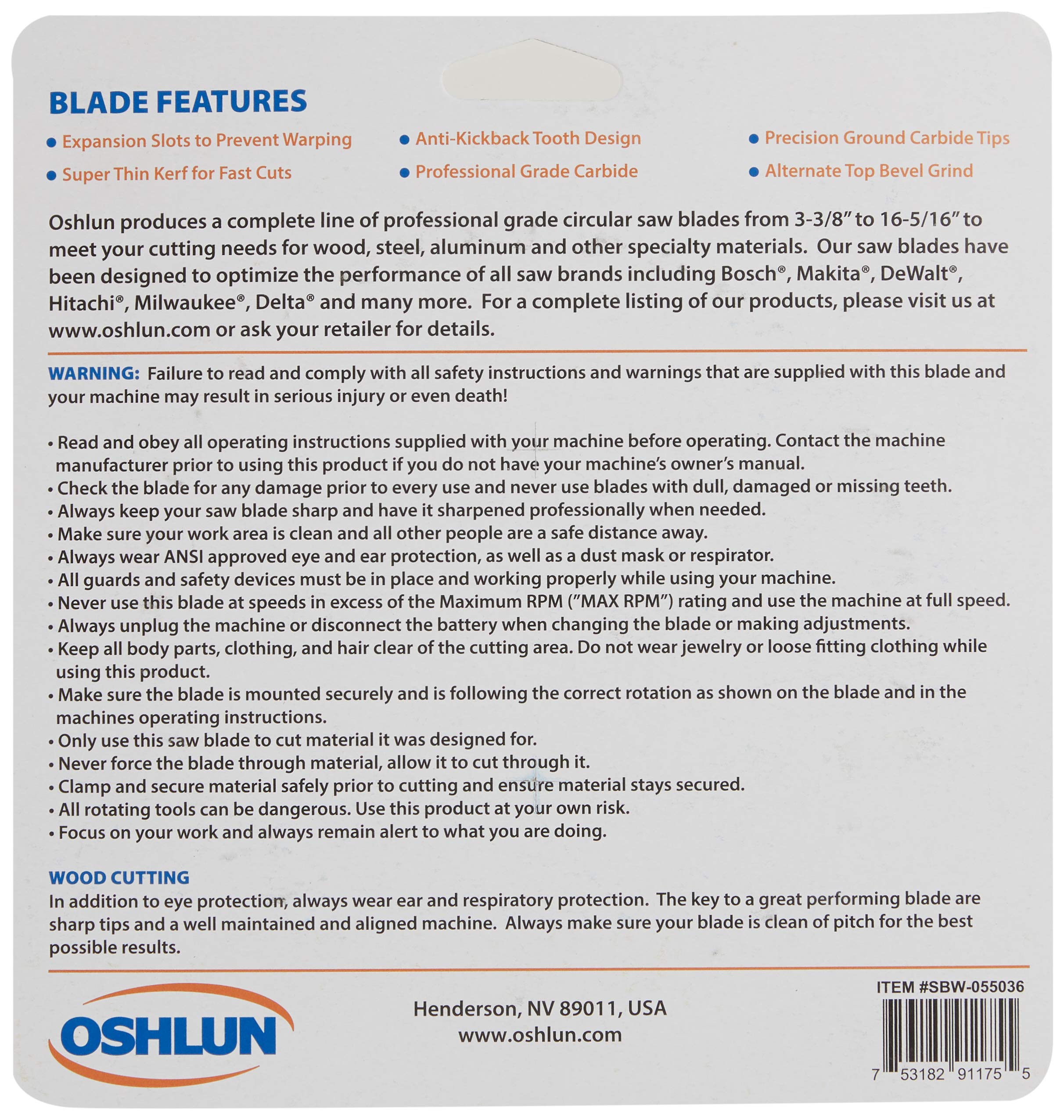 Oshlun SBW-055036 5-1/2-Inch 36 Tooth ATB Finishing and Trimming Saw Blade with 5/8-Inch Arbor (1/2-Inch and 10mm Bushings)
