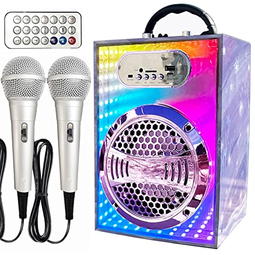 KaraMuizi Bluetooth Karaoke Machine for Kids and Adult, Mirror Surface Wooden Wireless Singing Speaker with 2 Microphones Dancing Light for Party Birthday Gift (Snow and Tree)