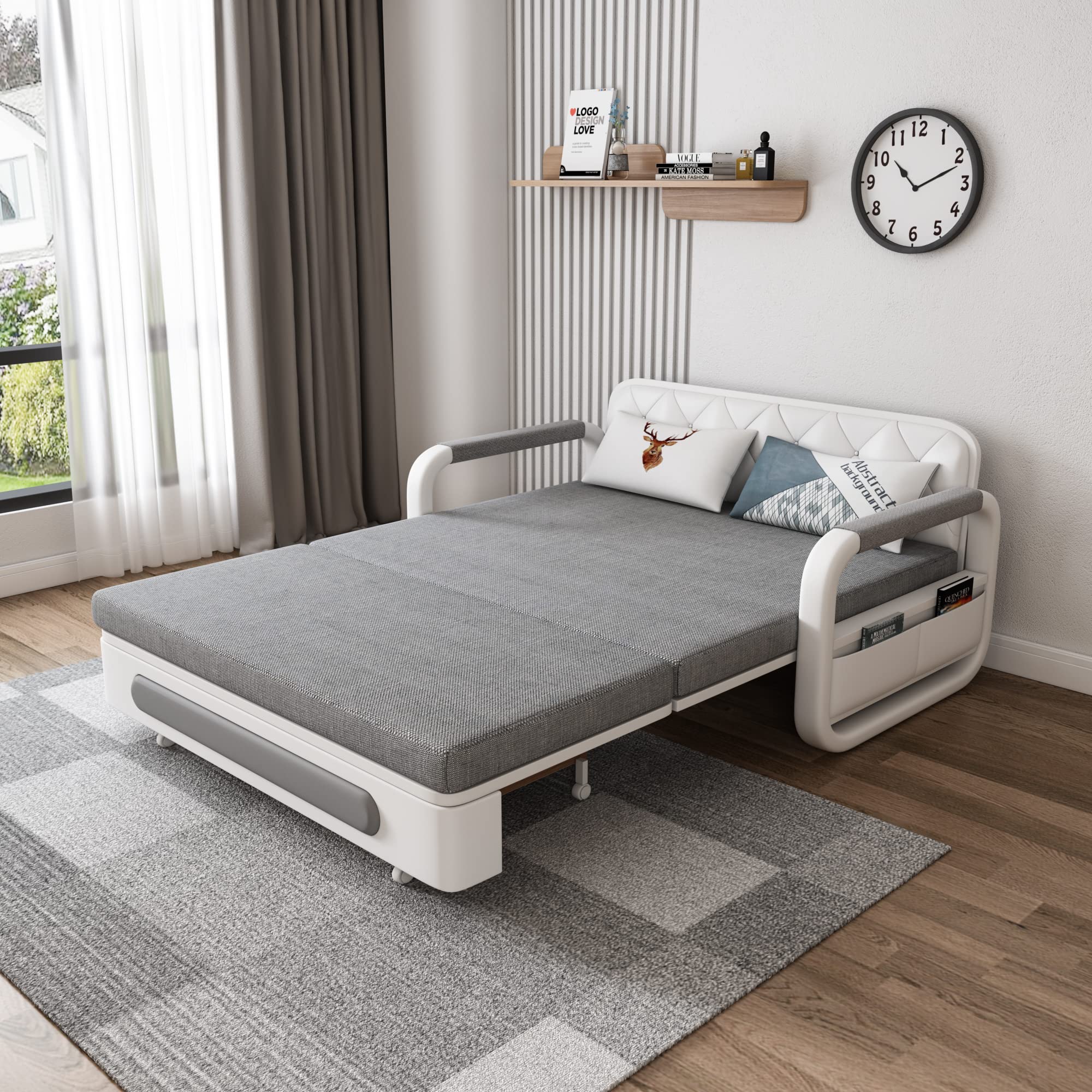 Luck Idea 62" Modern Light Gray Cotton Linen Upholstered Convertible Pull Out Sofa Bed with Storage, Perfect for Living Room or Bedroom (34.6" D x 62.2" W x 34.2" H)