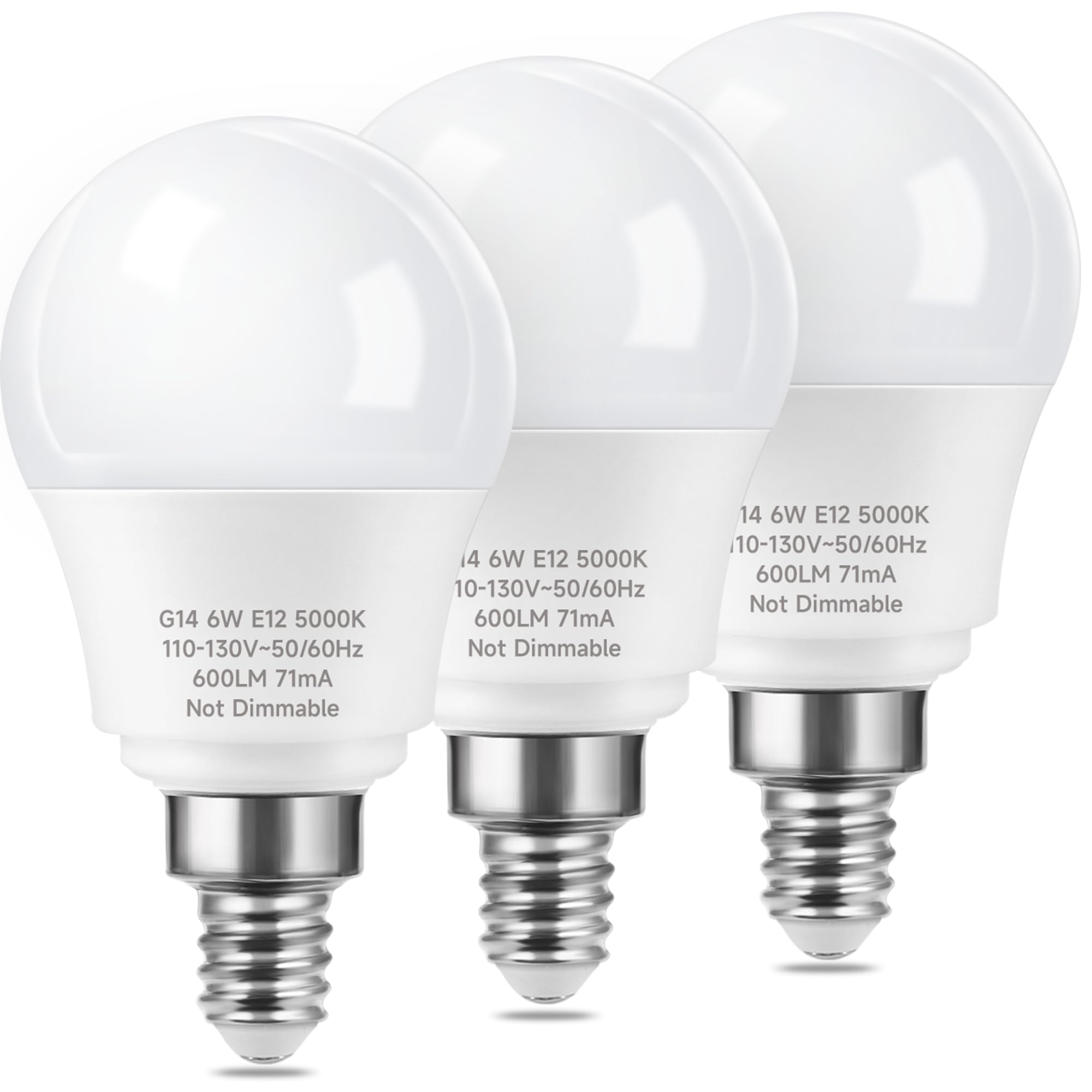 Prosperbiz E12 60W Equivalent LED Light Bulbs, A15 6W Ceiling Fan Light Bulbs Daylight White 5000K, Candelabra Base Globe Shape LED Bulbs, Not Dimmable, 600 Lumen, Pack of 3