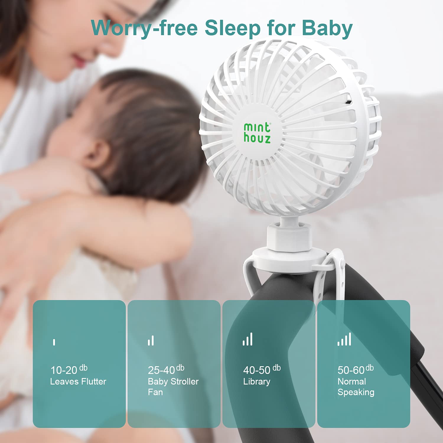 Minthouz Portable Stroller Fan, Rechargeable Small Fan with Flexible Strap, 3 Speeds Personal Fan USB Mini Cooling Fan for Stroller, Car Seat, Bike,Travel, Camping, and Bedroom