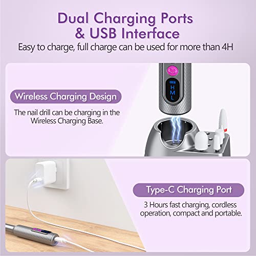 Nail Drill CANDWHIP, Cordless Electric Nail Drill Professional Efile Nail Drill Kit for Acrylic, Gel Nails, Manicure Pedicure Polishing Shape Tools Design for Home Salon Use Gray
