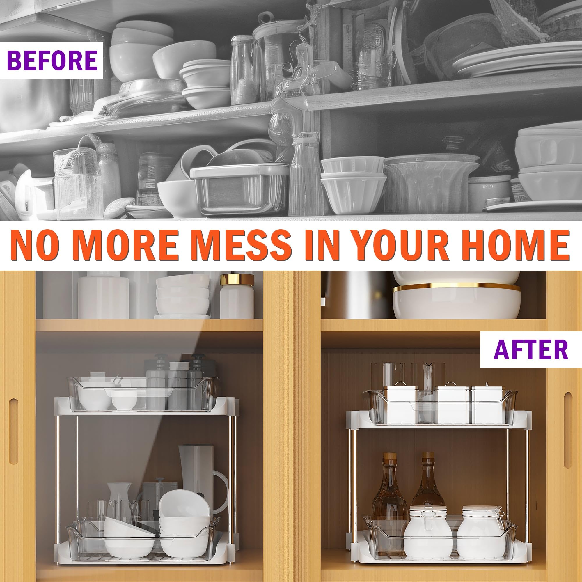 TOPITOP 2 Pack of 2 Tier Under Sink Organizer for Bathroom, Kitchen Sink Organizer Under Cabinet Storage, Pull Out Make Up and Vanity Cabinet Organizers with Movable Dividers