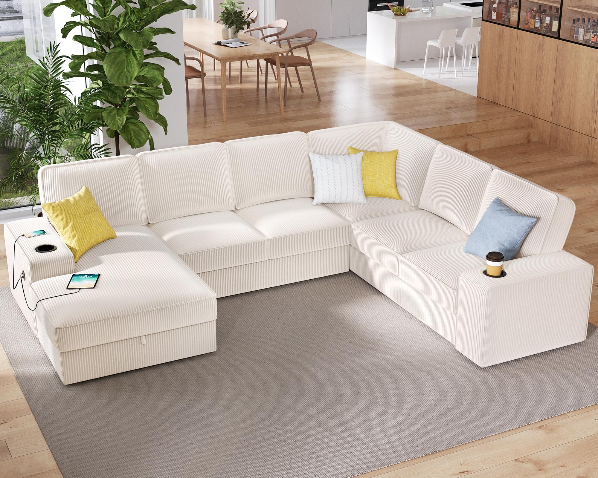 PaPaJet 112 inch Sectional Sofa, Oversized Sofa with Storage Chaise, U Shaped Sofa Couch with USB Ports, Corduroy Couch—Grey