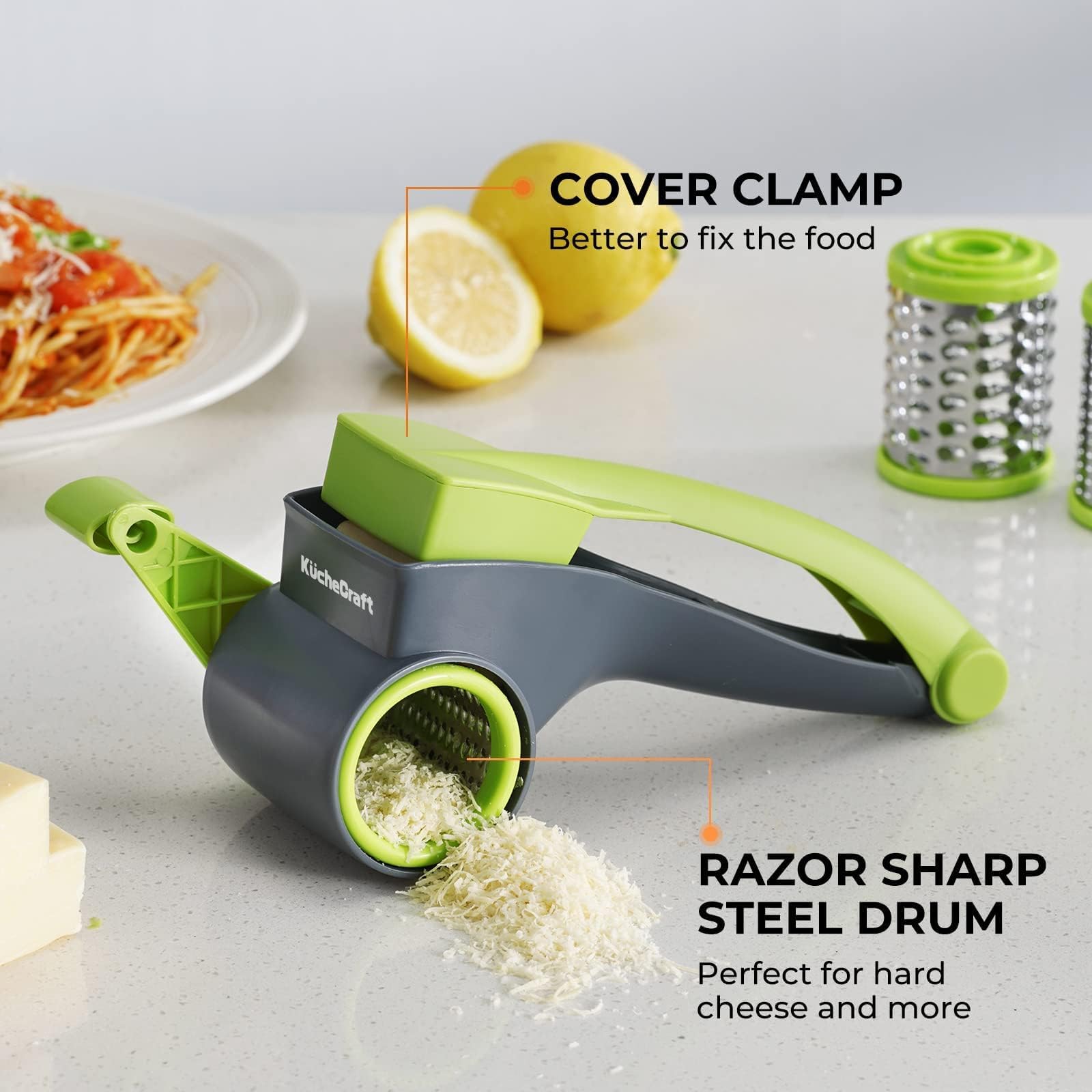 KucheCraft Cheese Grater with Handle, Kitchen Parmesan Cheese Grater with 2 Stainless Steel Drums, Rotary Cheese Grater Handheld for Grating and Shredding Hard Cheese, Chocolate