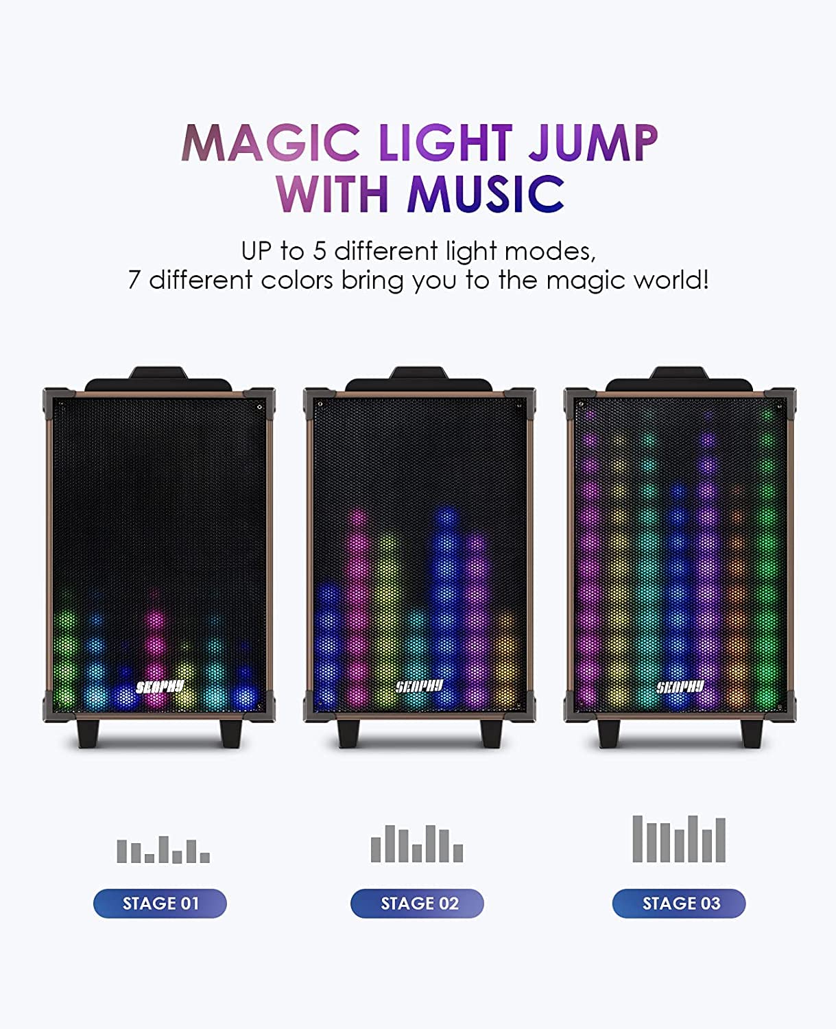 Karaoke Machine for Adults and Kids, SEAPHY DJ Lights 10'' Wooden Woofer BT Connectivity Wireless PA Speaker System with 3 Handheld Microphones for Party/Meeting/Performance Cool Disco Light
