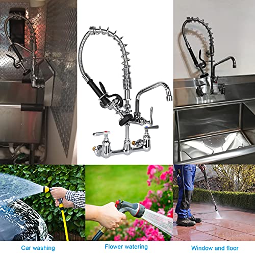 KWODE Wall Mount Commercial Sink Faucet with Pull Down Sprayer 8 Inch Center Pre-Rinse Kitchen Faucet with 21โ Height and 8โ Add-on Swivel Spout, Brass Constructed, Chrome Finish
