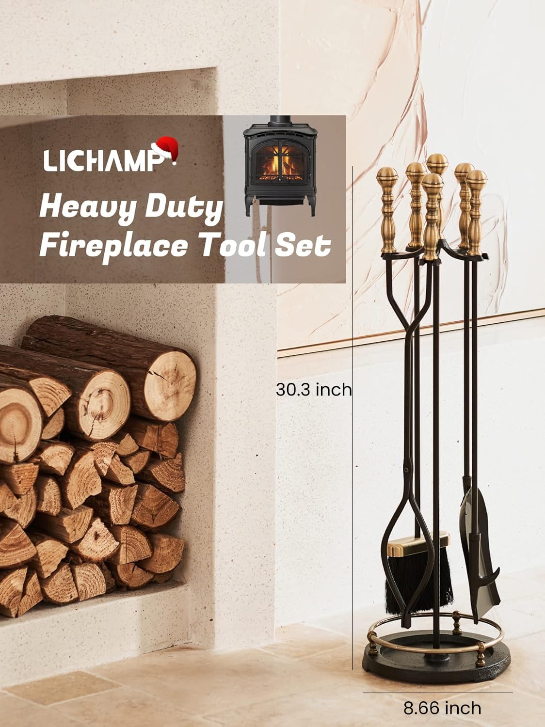 Lichamp Fireplace Tools Set, 5-Pieces Indoor Outdoor Sturdy Fire Place Poker Sets with Retro Gold Handle, FTS45GD